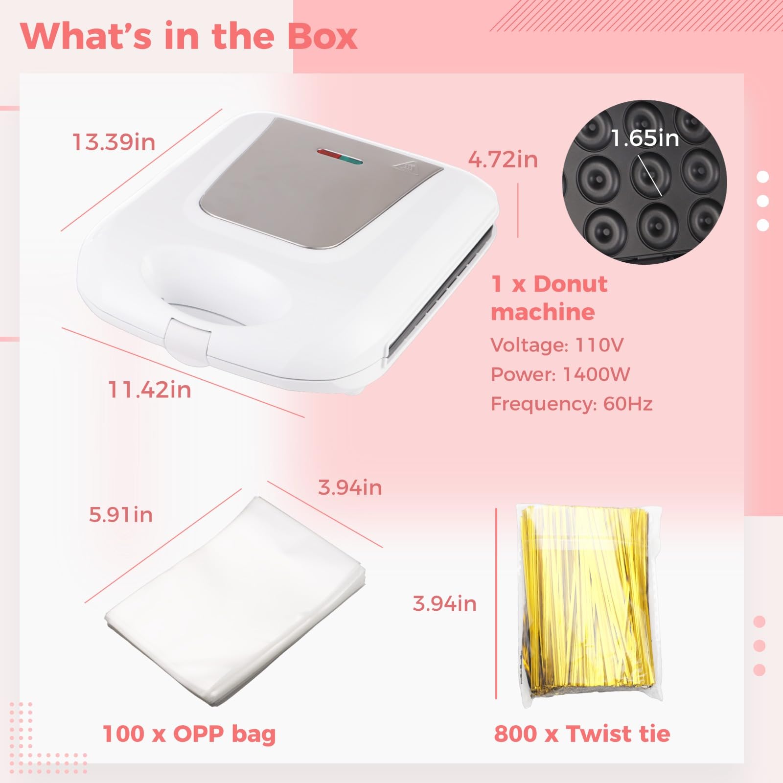 Mini Donut Maker, 16 Holes Small Doughnuts Maker Machine, 1400W Donut Maker Machine with Non-Stick Coating, Double-Sided and Quick Heating, US 110V, White