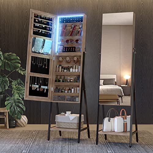 LVSOMT 3 LEDs Full Length Mirror Jewelry Cabinet, Standing Mirror with Jewelry Storage, Large Lockable Armoire for Necklaces, Earrings, Cosmetic Storage, Brown