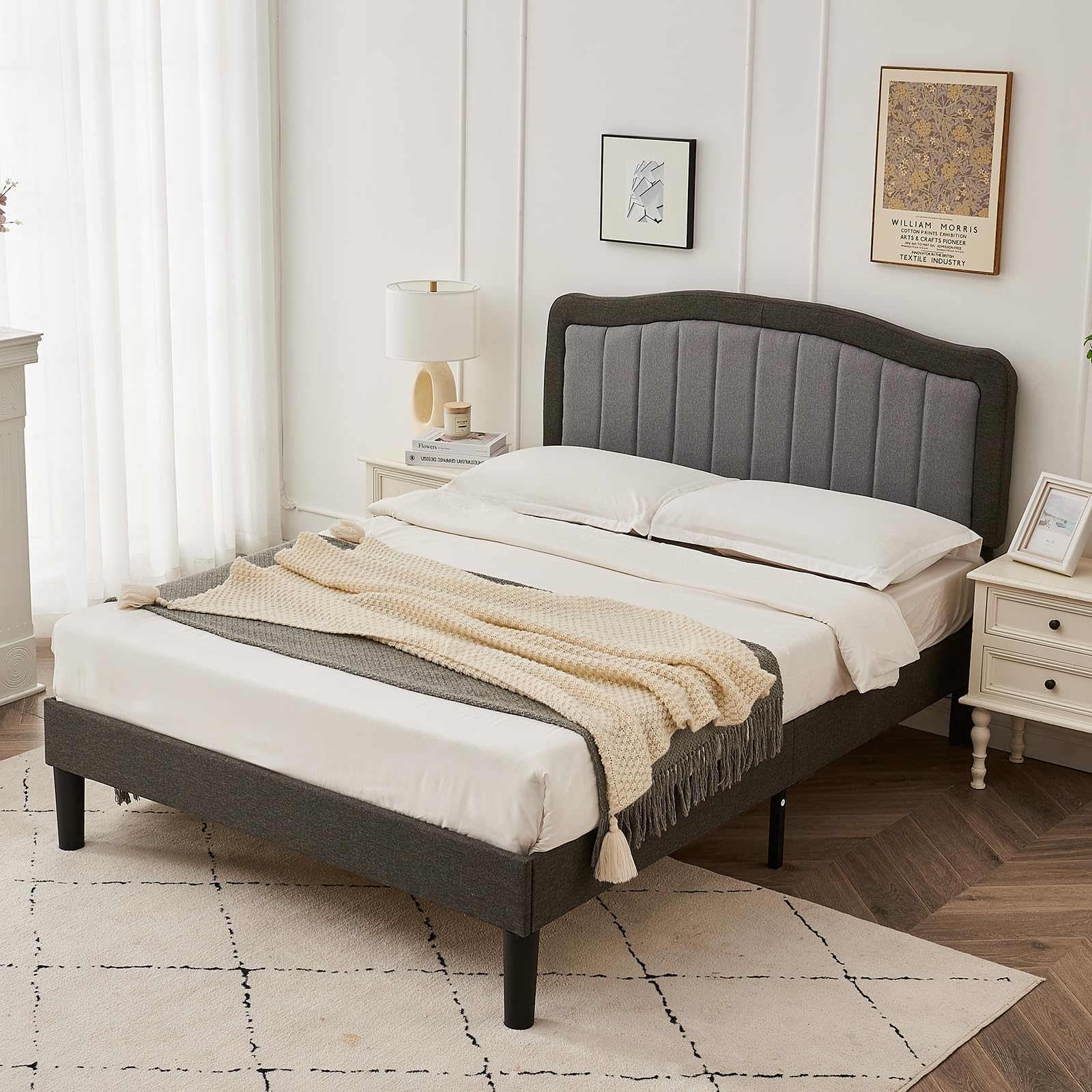 EZKozzy Full Bed Frame Upholstered Platform with Headboard and Strong Wooden Slats, Strong Weight Capacity, Non-Slip and Noise-Free,No Box Spring Needed, Easy Assembly, Grey Full Bed (Combo Grey)