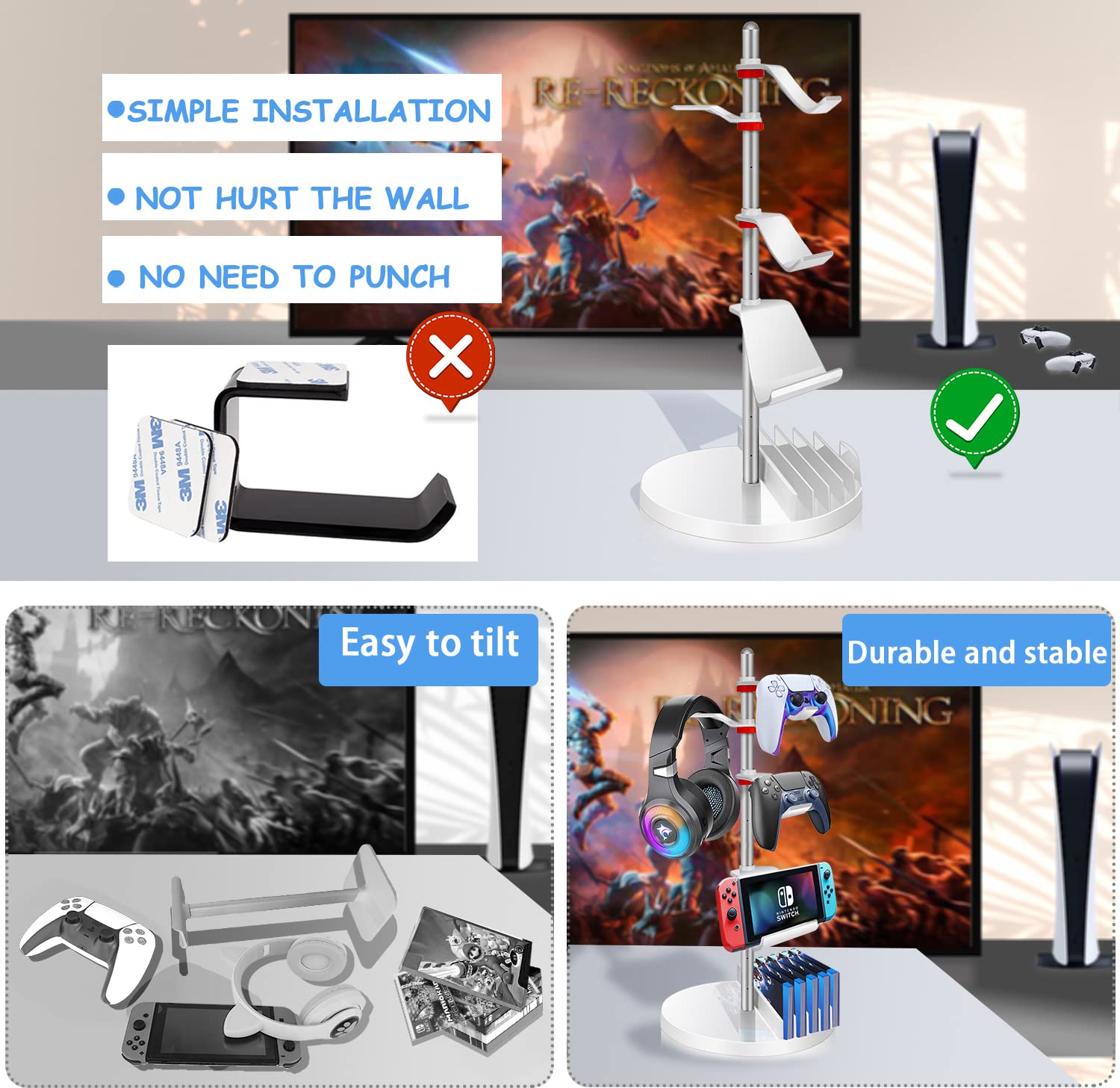 Headphone Stand,Adjustable Controller Holder & Headset Stand for Desk,Aluminum & Thickened ABS Controller Stand Mount Compatible with Nintendo Switch,Xbox,PS5,CD,iPad,PC Gaming Accessories,White