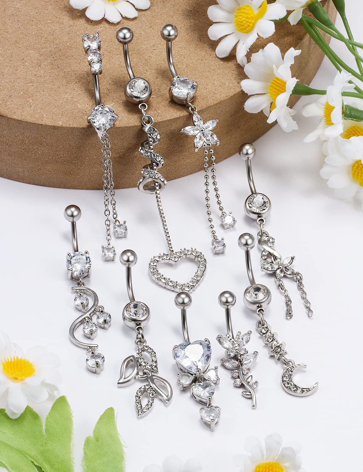 Goerhsjie 9pcs Surgical Stainless Steel Belly Button Ring, 14G 1.6mm x 3/8inch, for Women