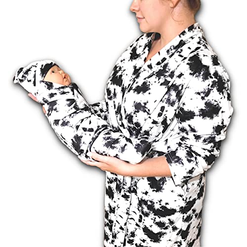 Maternity Robe and Matching Baby Set 3 in 1 - Mom Loungewear with Pockets, Swaddle Blanket, Hat White & Black (L/XL 8-16)