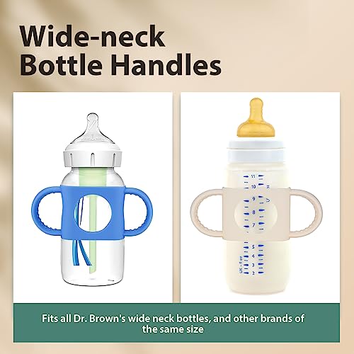 Wide Neck Bottle Handles for Dr Brown, 2 Pack Baby Bottle Holder 100% Silicone, BPA Free, Dishwasher Safe, Baby Grasp Teaching, Hands Free Feeding, White and Green
