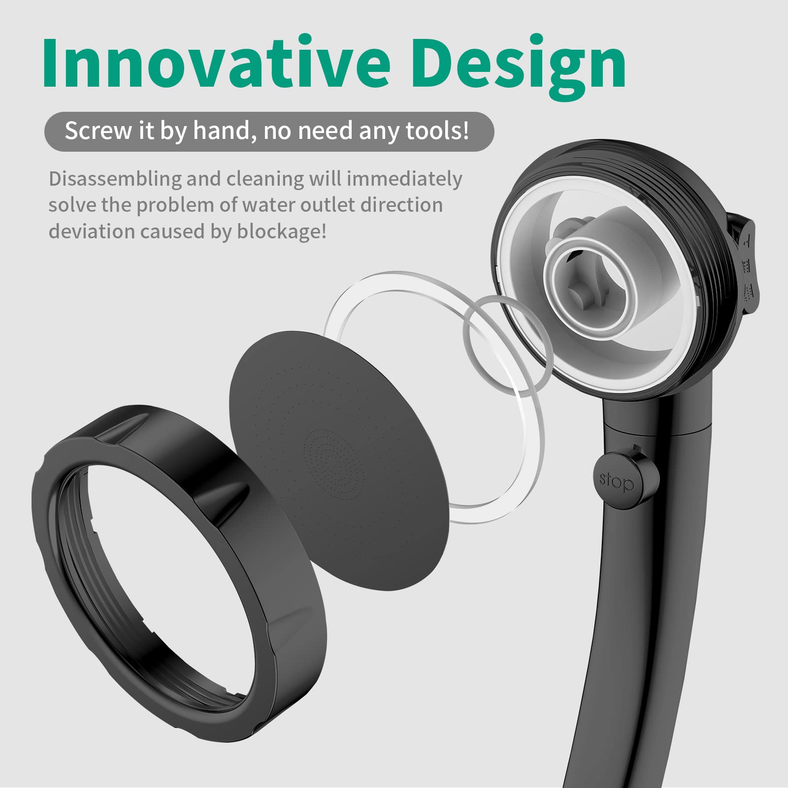 HEROBAI High Pressure Shower Head with Handheld, On Off Shower for RV, Water Saving Shower Head with Stop Button and 3 Modes, Detachable RV Shower Head with Hose and Self-Adhesive Bracket (Black)
