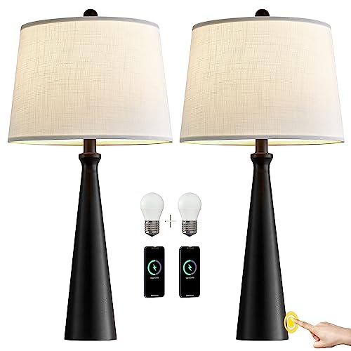 Oneach 25.75" Table Lamps Set of 2 for Living Room Bedroom, Bedside Lamp 3-Way Dimmable Touch Control, Modern Black Nightstand Light Fabric Shade Vintage Accent Style