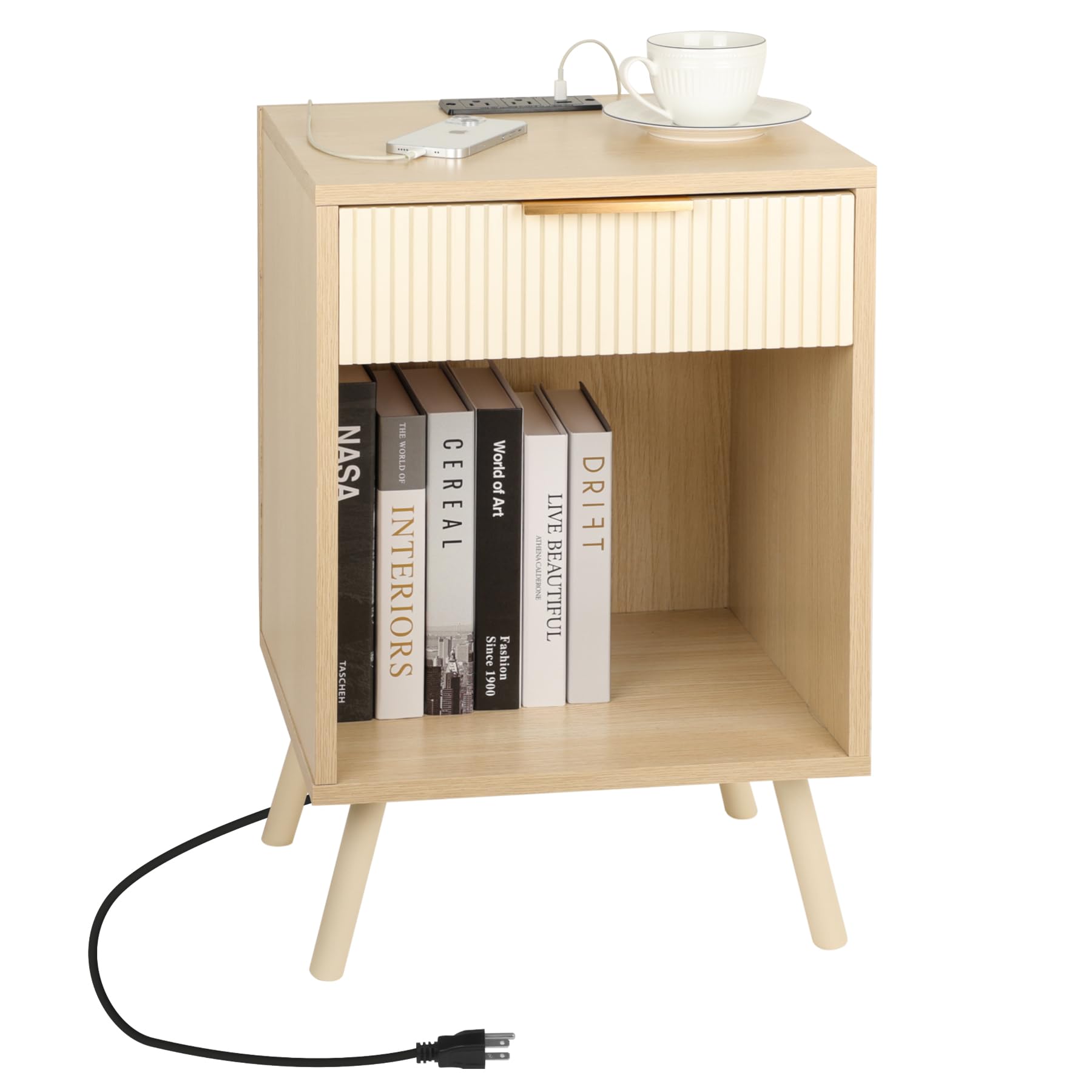 nightstand,Night Stands with Charging Station,Side Tables Bedroom with Drawers and Storage Space,Modern Night Stand,Suitable for bedrooms and Living Rooms (Beige)