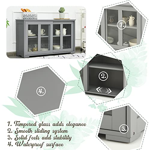 LOKO Stackable Buffet Cabinet, Kitchen Storage Cabinet with Sliding Tempered Glass Doors, Small Sideboard for Kitchen, Dining Room or Living Room, 42 x 13 x 24.5 inches (Grey)