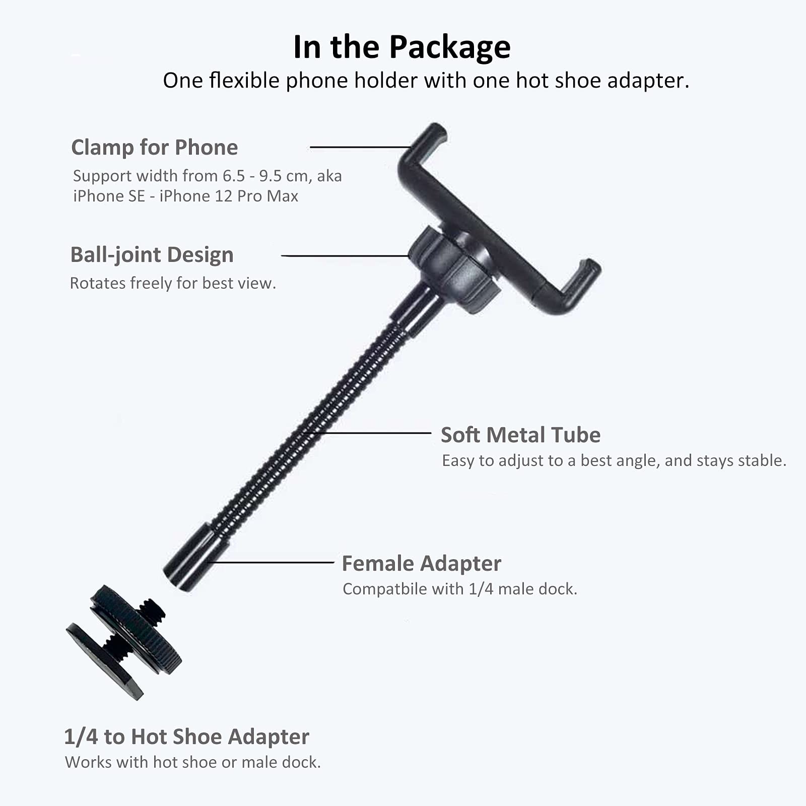 HEAMASSA Ring Light Phone Holder, Phone Holder for Ring Light with Stand and Camera. with 1/4 and Hot Shoe Adapter, Flexible Phone Tripod Mount Adapter (Black)