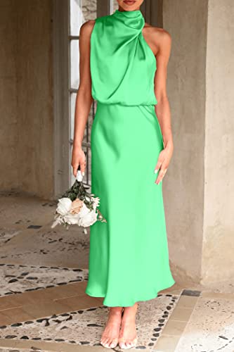 PRETTYGARDEN Women's 2023 Summer Satin Dress Elegant Sleeveless Mock Neck Cocktail Party Maxi Dresses (Grass Green,Small)