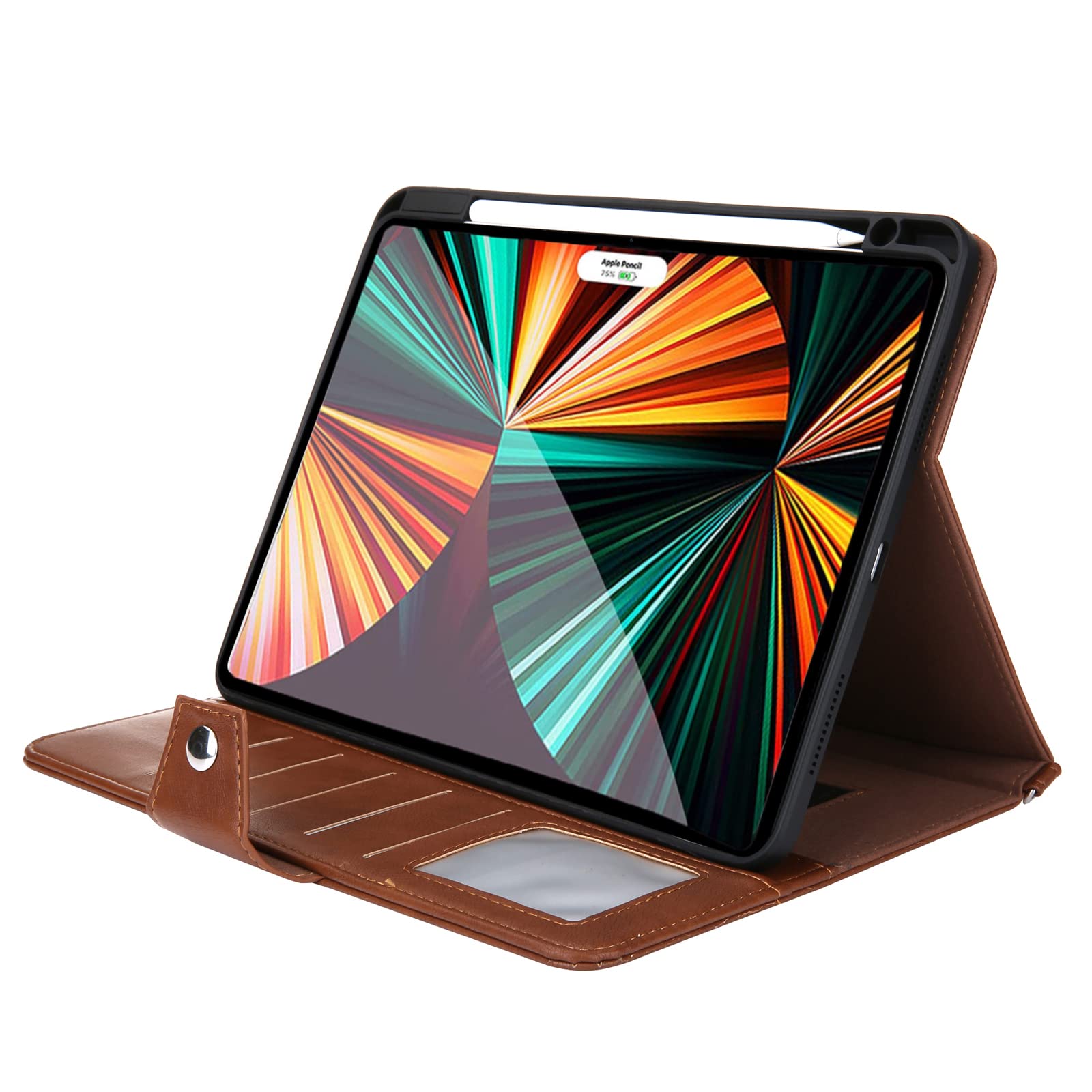 iPad Pro 12.9 inch 2022/2021/2020/2018 PU Leather Case with Apple Pencil Holder Auto Wake/Sleep Shoulder Strap for iPad Pro 12.9 6th/5th/4th/3rd Generation (Brown)
