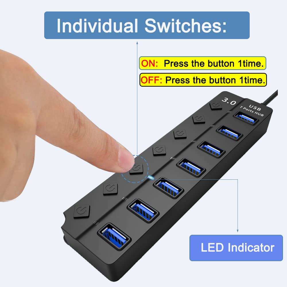 HUAPX Powered USB 3.0 Hub Adapter,7Port USB Splitter with Individual ON/Off Switches and 5V/3A AC Adapter Compatible for Laptop,Keyboard,Notebook,Mouse,PC,Table,PS4/5,Xbox,Mac,Mobile HDD