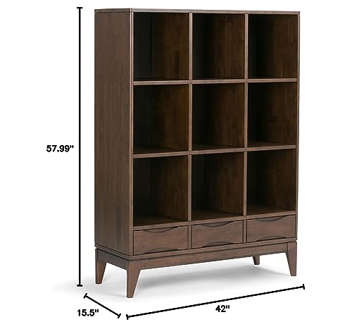 SIMPLIHOME Harper SOLID HARDWOOD 42 Inch Mid Century Modern Cube Storage Bookcase with Drawers in Walnut Brown, For the Living Room, Study Room and Office