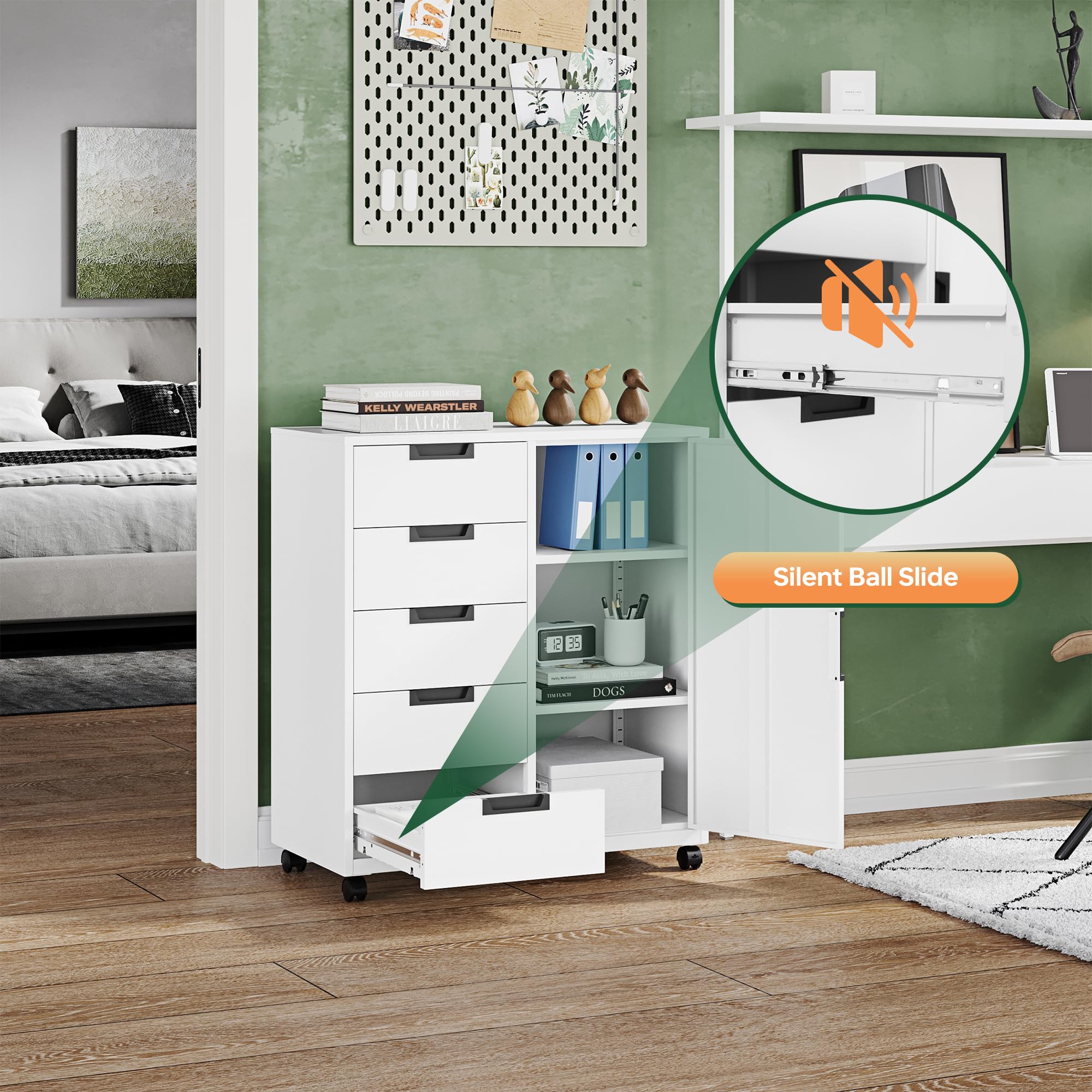 Letaya 5 Drawer Storage Cabinet, Mobile Printer Stand for Home Office,Dresser Chest with Shelves and Door(Black)