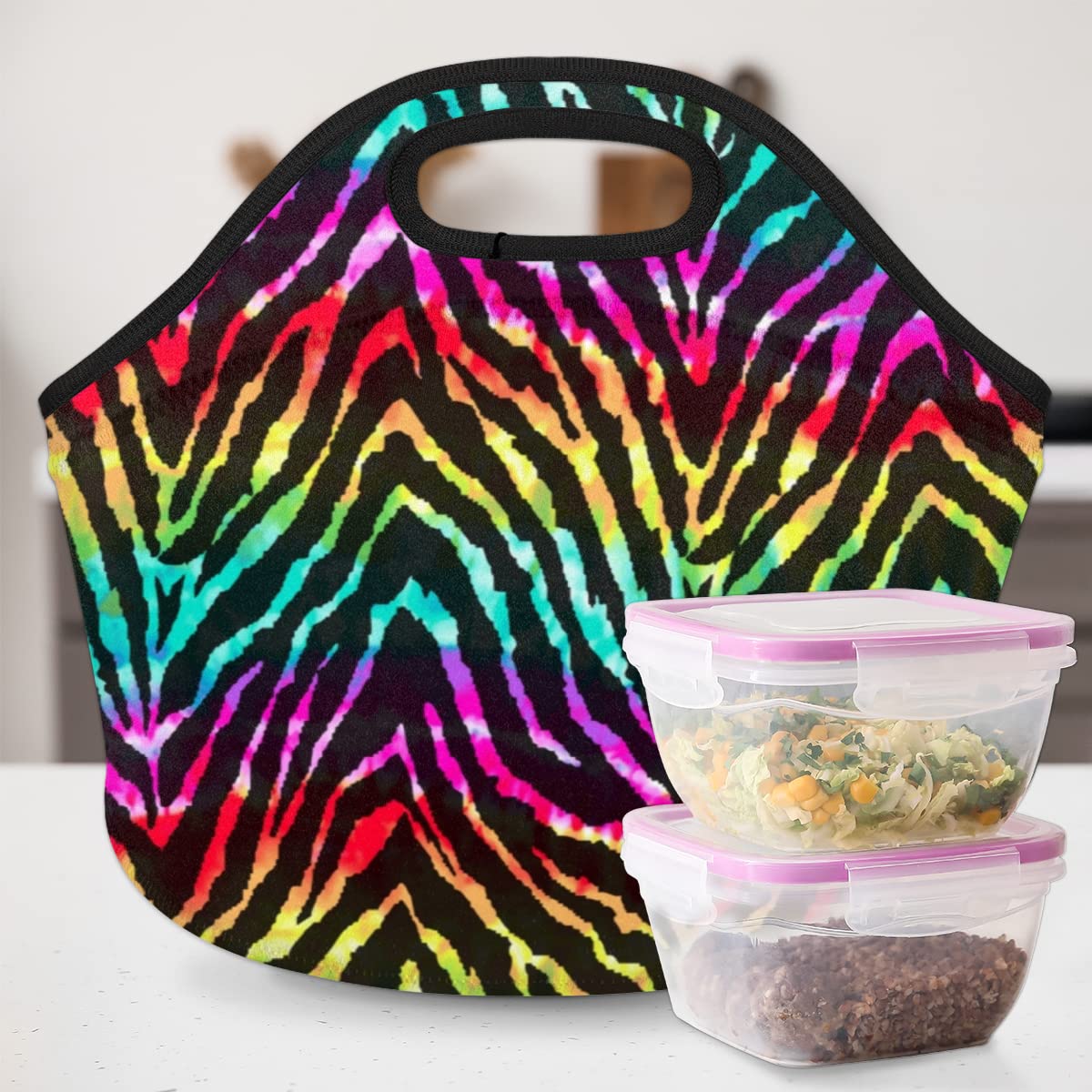 Insulated Neoprene Lunch Bag for Women Men Kids Rainbow Zebra Print Colorful Lunch Box Reusable Small Lunch Tote Bag Cooler Bag for School Work Picnic