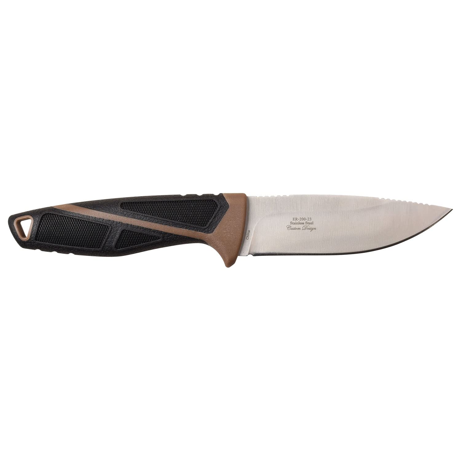 Elk Ridge - Outdoors Fixed Blade Knife - Satin Finish Stainless Steel Blade, Black/Brown Nylon Fiber Handle w/Rubber - Nylon Sheath, Fire Starter - Hunting, Camping, Survival - ER-200-23BR
