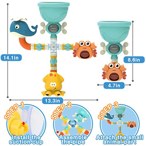 GILOBABY 15 PCS Baby Bath Toys, Animal Spinning Gear Toddler Bath Time Sensory Development Toy Set with Stacking Cup, Attaches to Any Size Tub Wall, Ideal Educational Toys for Child