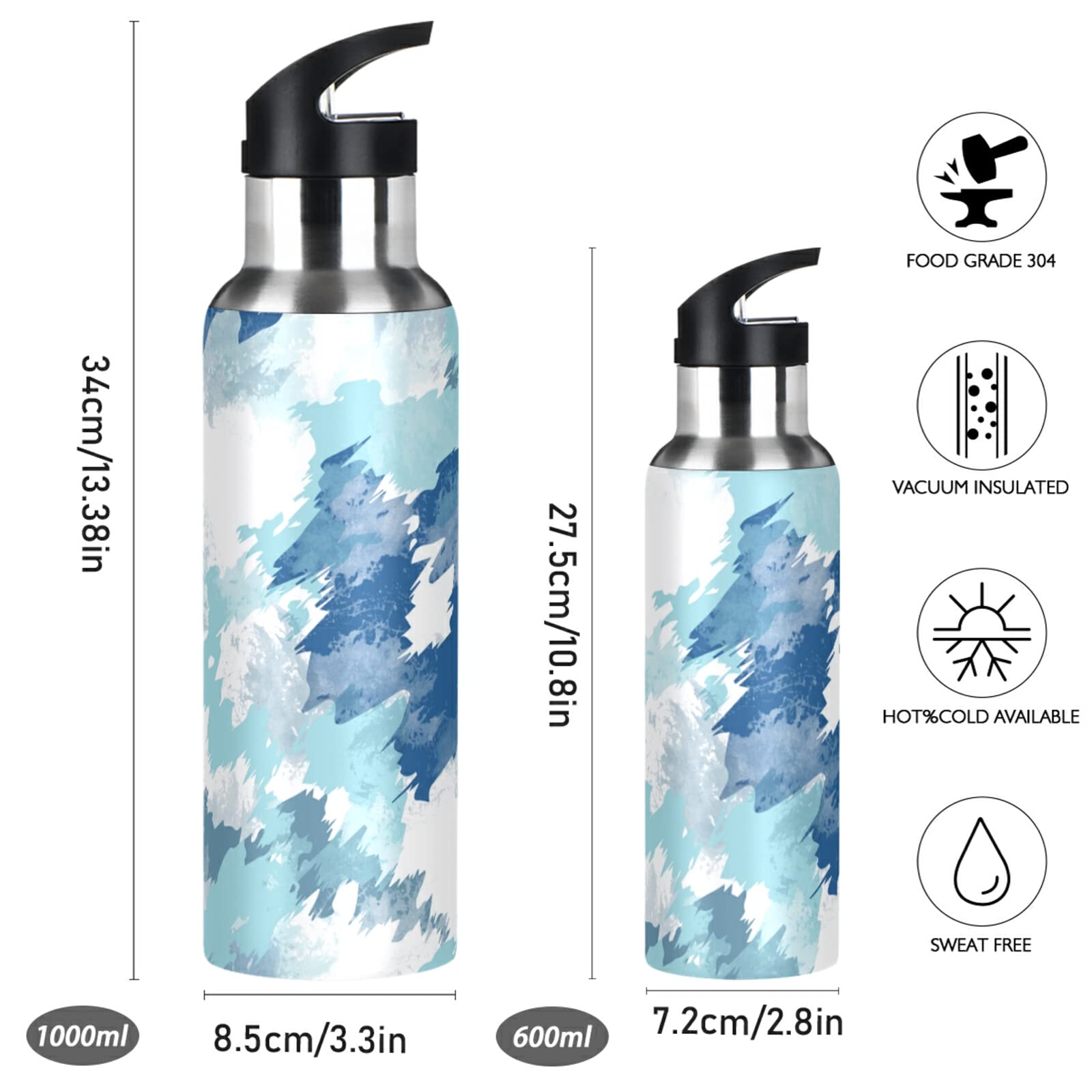 Insulated Sports Water Bottles Fashion Marble Passionate Indigo Graffiti Vacuum Stainless Steel Thermos Mug with Straw Lid & Handle 20 oz