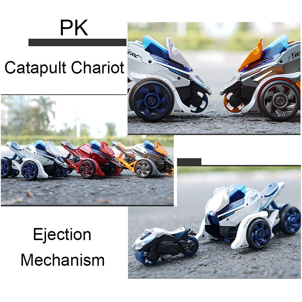 Gilumza Pull Back Motorcycle Toys, Motorcycles Launcher Toy with Music Lighting, 2 in 1 Catapult Race Trinity Chariot Gift for Boys Kids (Red&Black)