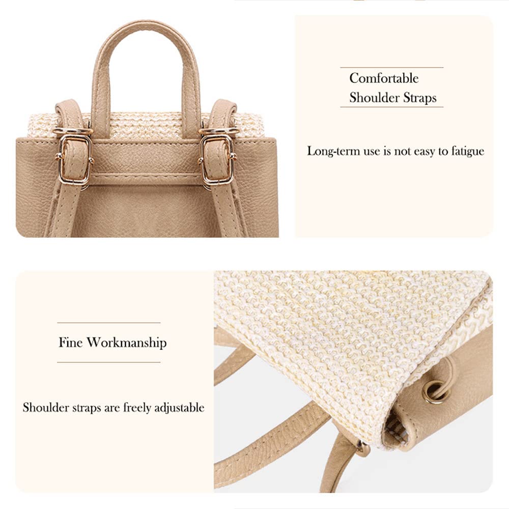 Gogobear Womens Small Straw Backpack Rattan Bags Summer Handmade Casual Shoulder Bag with Flap Drawstring (Beige)