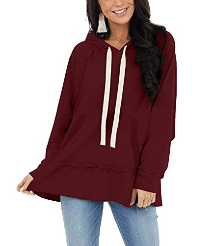 For G and PL Women Loose Ruffled Hem Raglan Hoody Long Sleeve Babydoll Solid Tiered Sweatshirt with Pocket Maroon XXL