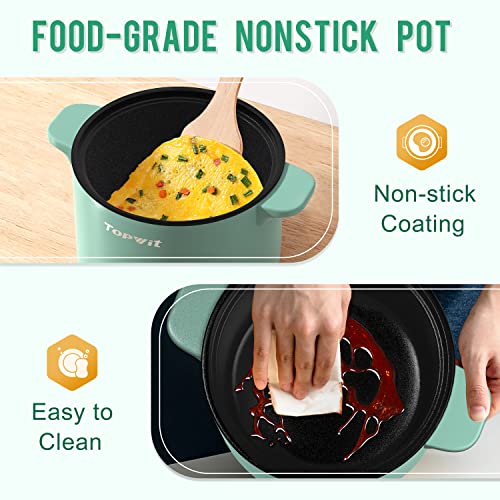 Topwit Electric Pot with Steamer, 1.5L Non-stick Ramen Cooker, Hot Pot Electric, Electric Pot for Cooking Pasta, Noodles, Steak, Egg, Portable Pot with Dual Power Control, Dorm Room Essentials, Green