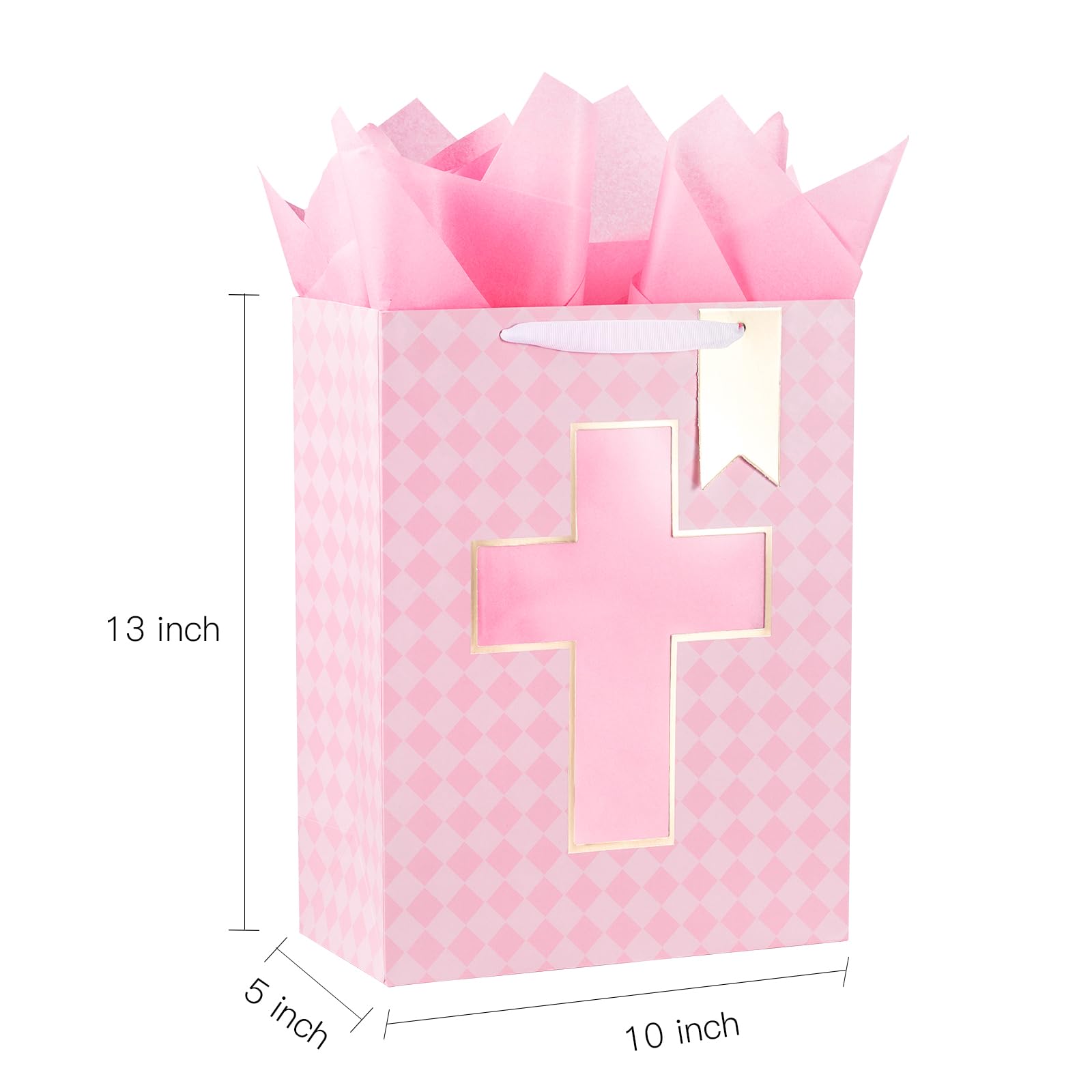 Loveinside Gift Bag with Pink Diamond and Cross Design, Tissue Paper for Baby Girl Baptisms, Christenings, First Communions Religious Occasion - 10" x 5" x 13", 1 Pcs