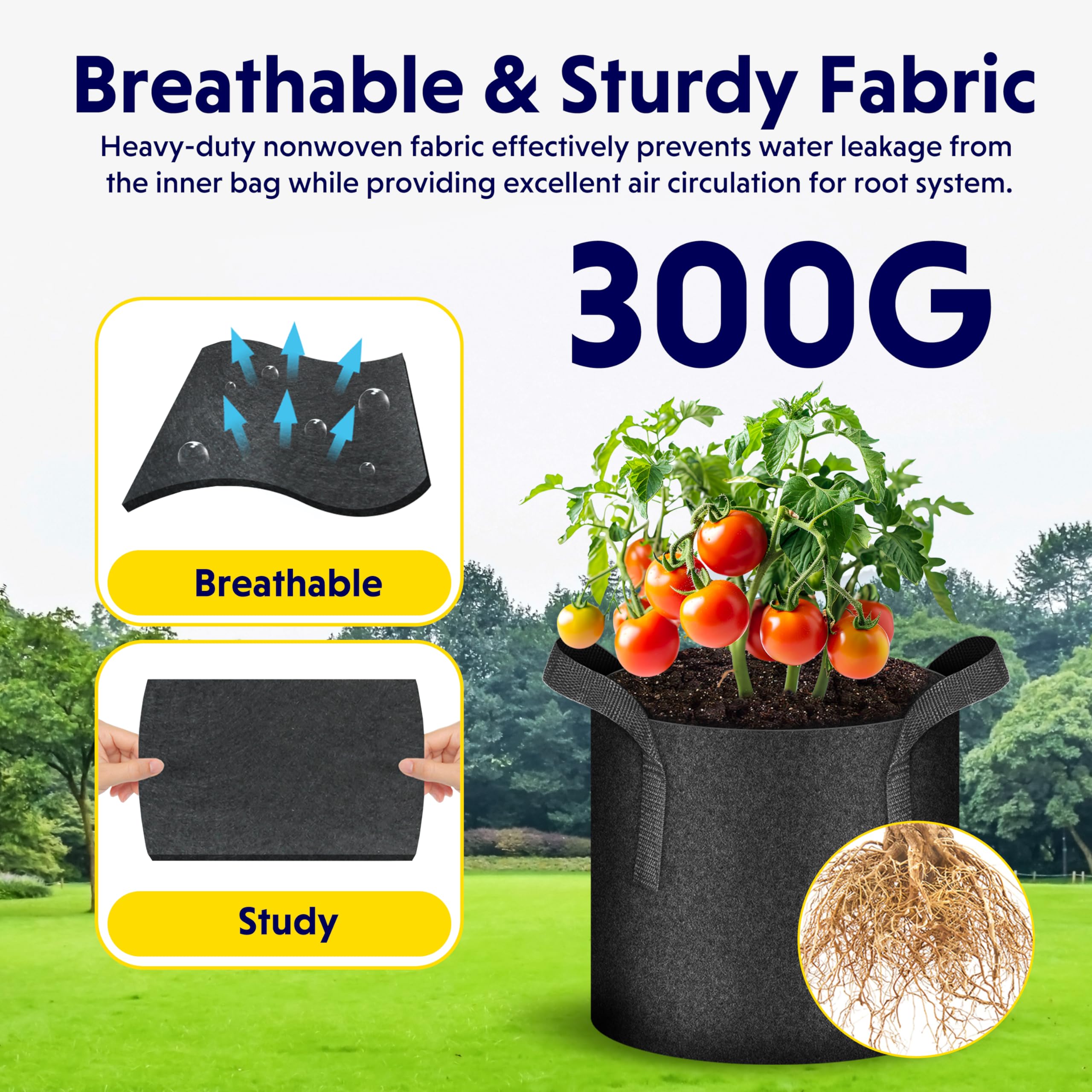 iPower 5-Pack 10 Gallon Plant Grow Bags Thickened Nonwoven Aeration Fabric Pots Heavy Duty Durable Container, Strap Handles for Garden, Black New