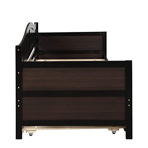 Lepfun Twin Size Wooden Daybed with Trundle, No Box Spring Needed Sofa Bed w/Slats Support, Classic and Simple Platform Bedframe for Bedroom, Living Room, Space Saving Furniture, Espresso