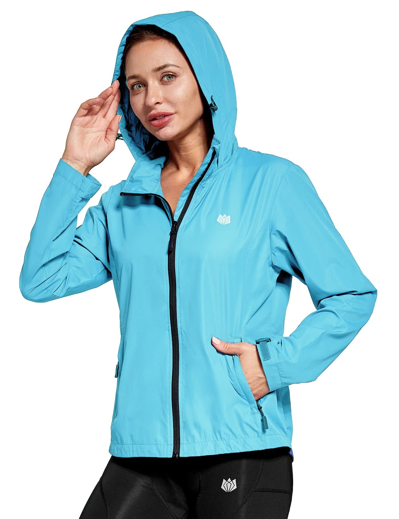 FitsT4 Sports Women's Cycling Running Jackets Lightweight Windproof Bike Windbreaker Reflective with Hood Light Blue Size XL