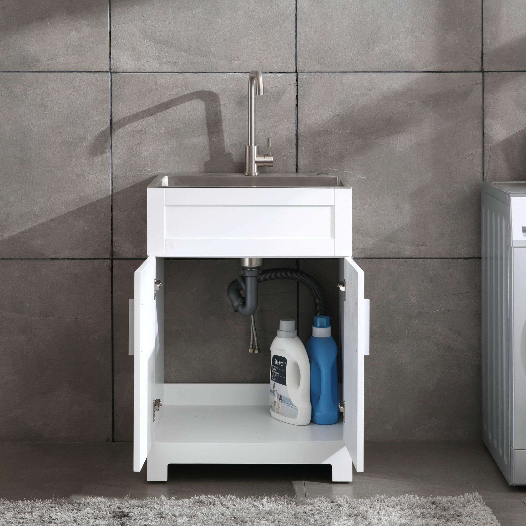 Homecart 24" White Laundry Utility Cabinet w/Stainless Steel Sink and Faucet Combo