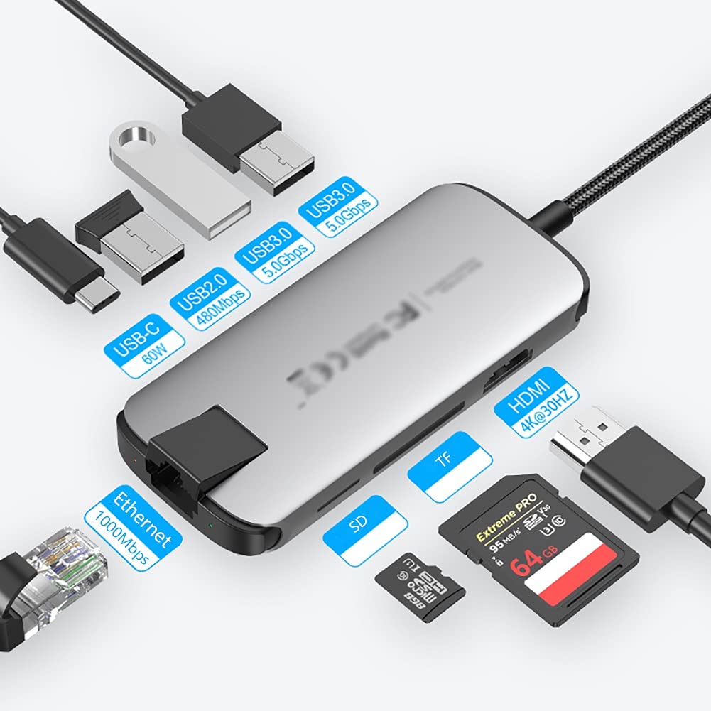 Hub Dock Adapter USB C Dock 8-in-1 Type C Hub Adapter Docking Station with Ethernet, 4K HDMI, 2 USB 3.0, USB 2.0, SD/TF Card Reader, PD 60W Computer Accessories