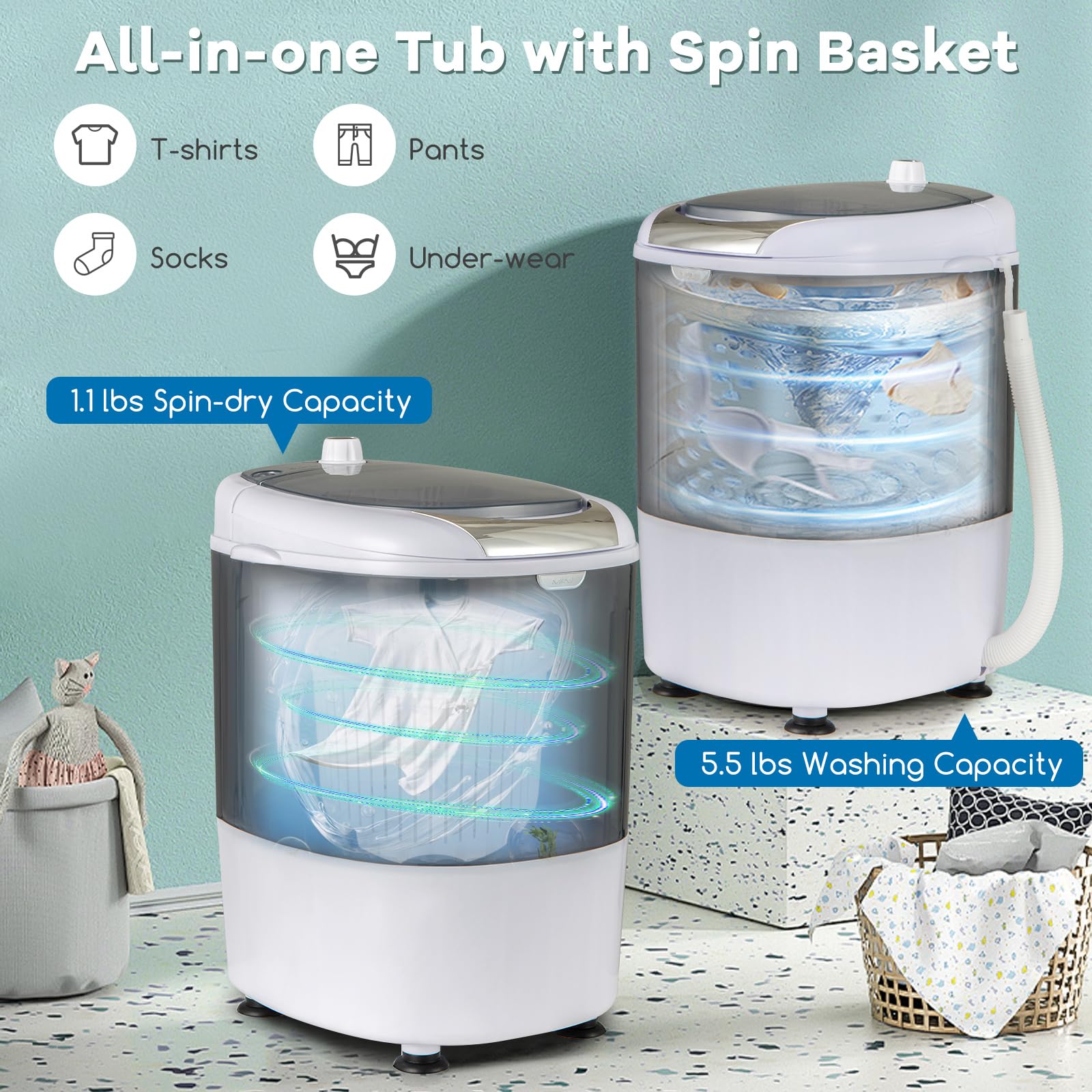 MEDIMALL GX24977-PE, Mini Washer and Spinner Combo, 5.5lbs, Semi-automatic Compact Laundry Apartment Dorm RV Portable Washing Machine, 5.5 LBS Capacity
