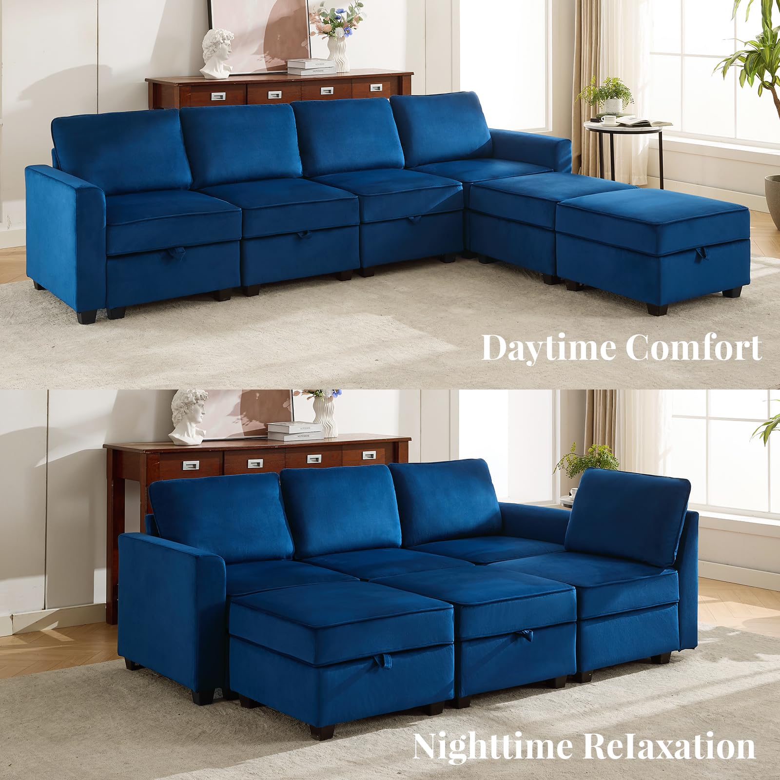 ohllob 110" Modular Sectional Sofa with Storage, 6 Seat Convertible Couches for Living Room, Velvet U Shaped Sofa Bed Couch, Blue