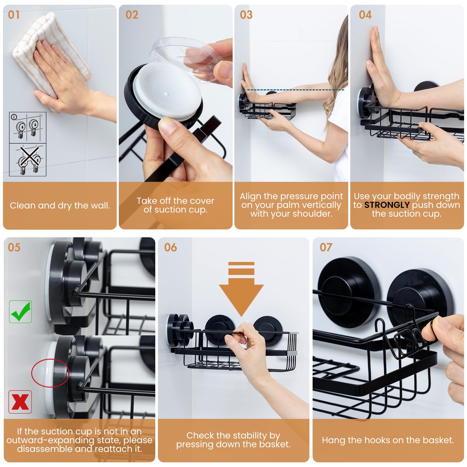LEVERLOC Angle-adaptive Suction Cup Shower Caddy with Hooks, Heavy Duty Stainless Steel Shower Basket Organizer for Bathroom, Drill-Free Removable Rustproof Shower Rack, Black, 2 Pack