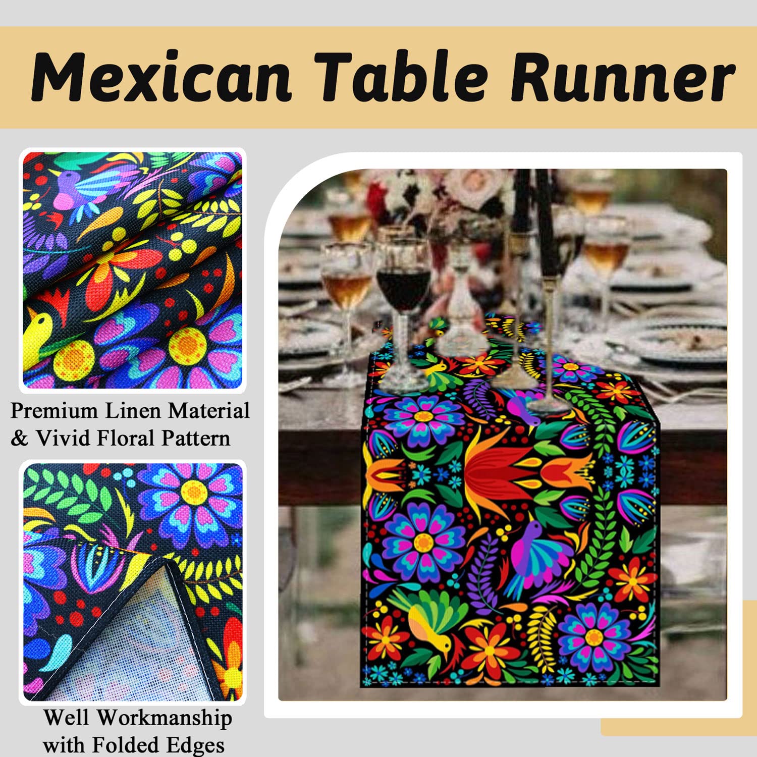 FUHSY Mexican Fiesta Table Runner Floral Linen Table Runner 13 x 72 Inch Dia De Los Muertos Decor Cinco De Mayo Mexican Theme Party Table Decorations Day of The Dead Serape Dinner Table Cloth Runner