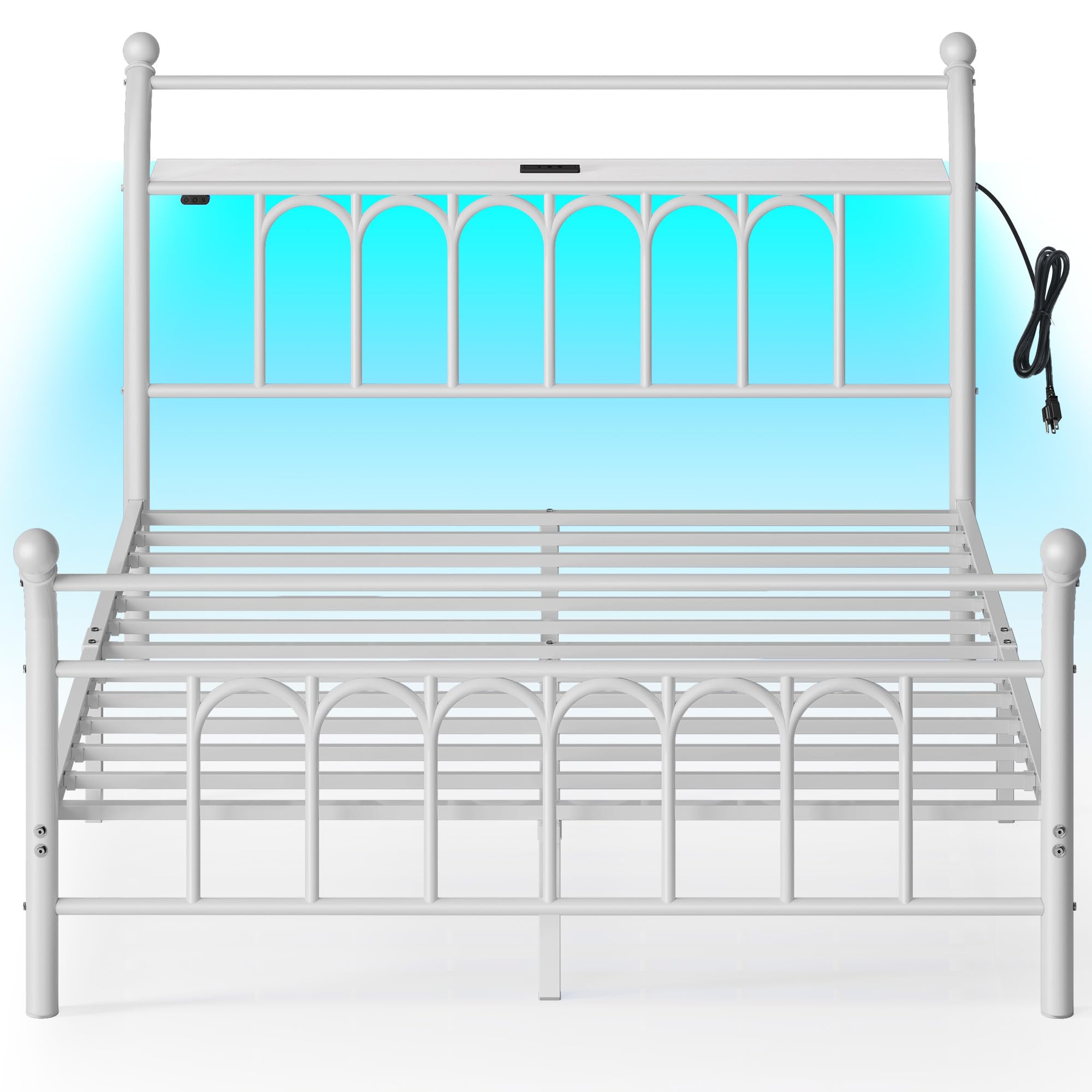 Rolanstar Queen Bed Frame with USB Charging Station, LED Bed Frame with Storage Headboard, 14 Inch Black Metal Platform Bed with Sleigh Headboard and Footboard, No Box Spring Needed, Noise Free