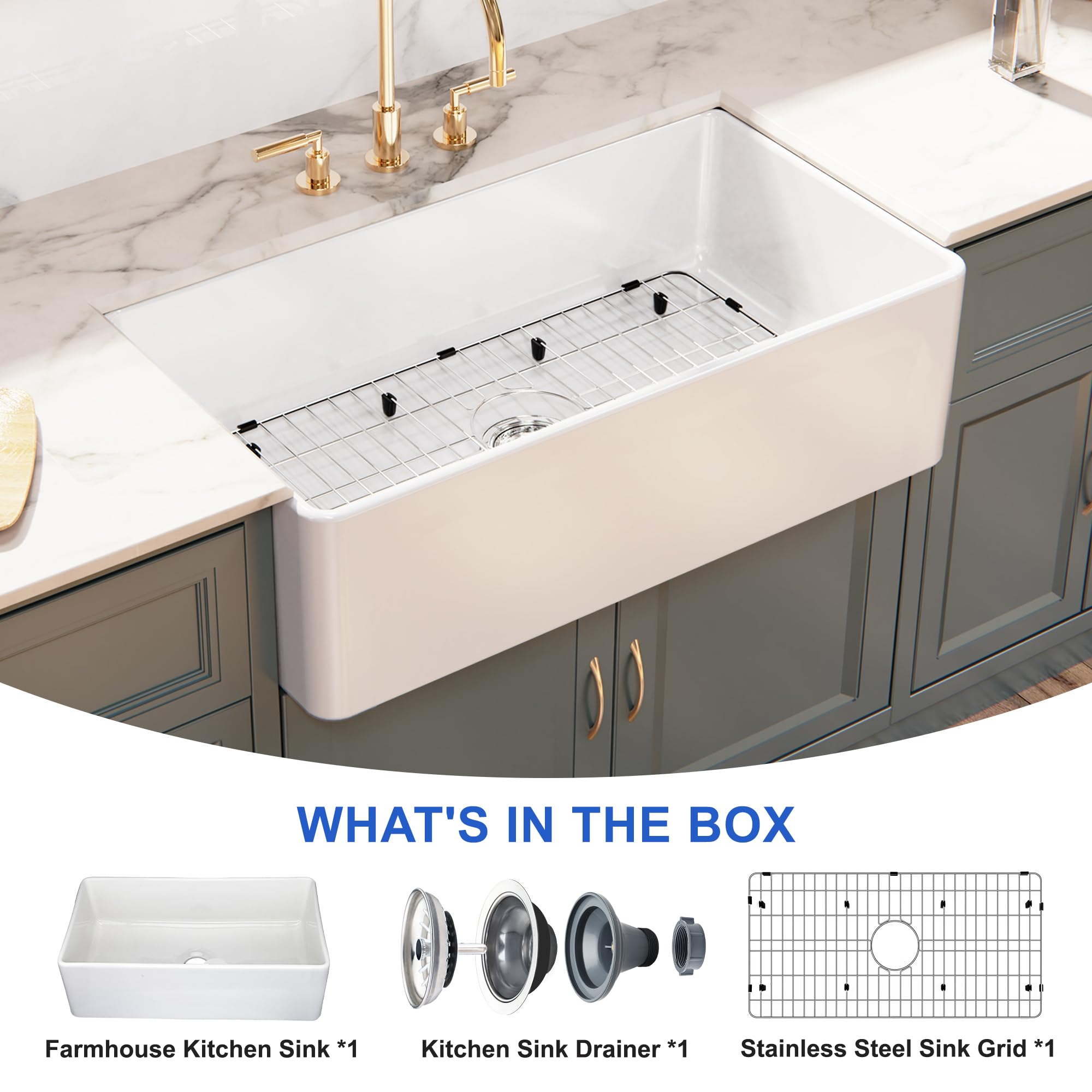 ELLAI Farmhouse Sink 30 Inch Beige Fireclay Apron Front Single Bowl Deep Drop In Kitchen Sink Undermount Farm Sink with Bottom Grid & Strainer, 30βx18βx10β Reversible Matte Biscuit