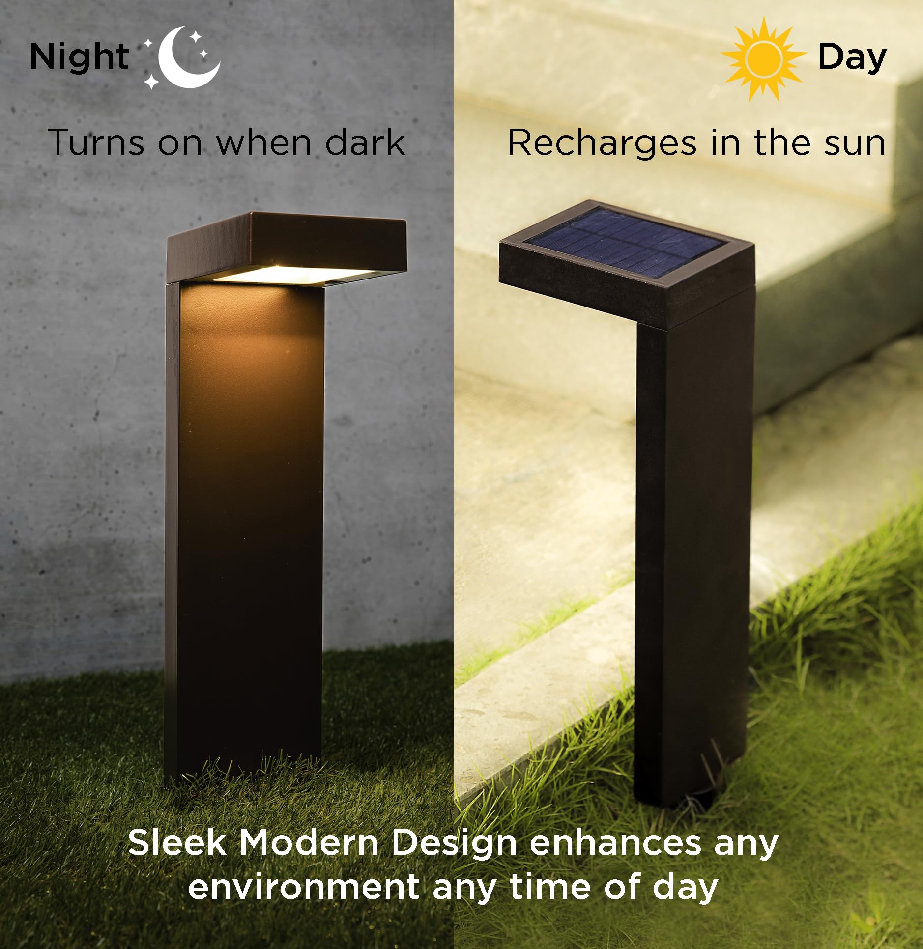Enchanted Spaces Set of 2 Modern Solar Black Metal Outdoor L-Shaped Path Lights with Bright LED, Solid Metal Aluminum Groundstake