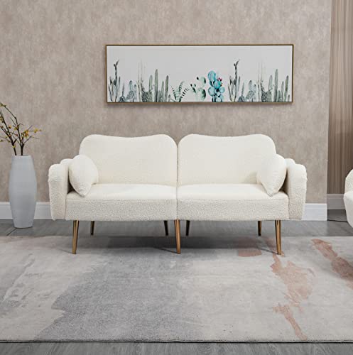Modern Velvet Futon Sofa Bed, Convertible Loveseat with 2 Crescent-shaped Pillows, Small Sleeper Sofa with 3 Adjustable Positions, Upholstered Living Room Couch with 7 Metal Tapered Legs, White Teddy
