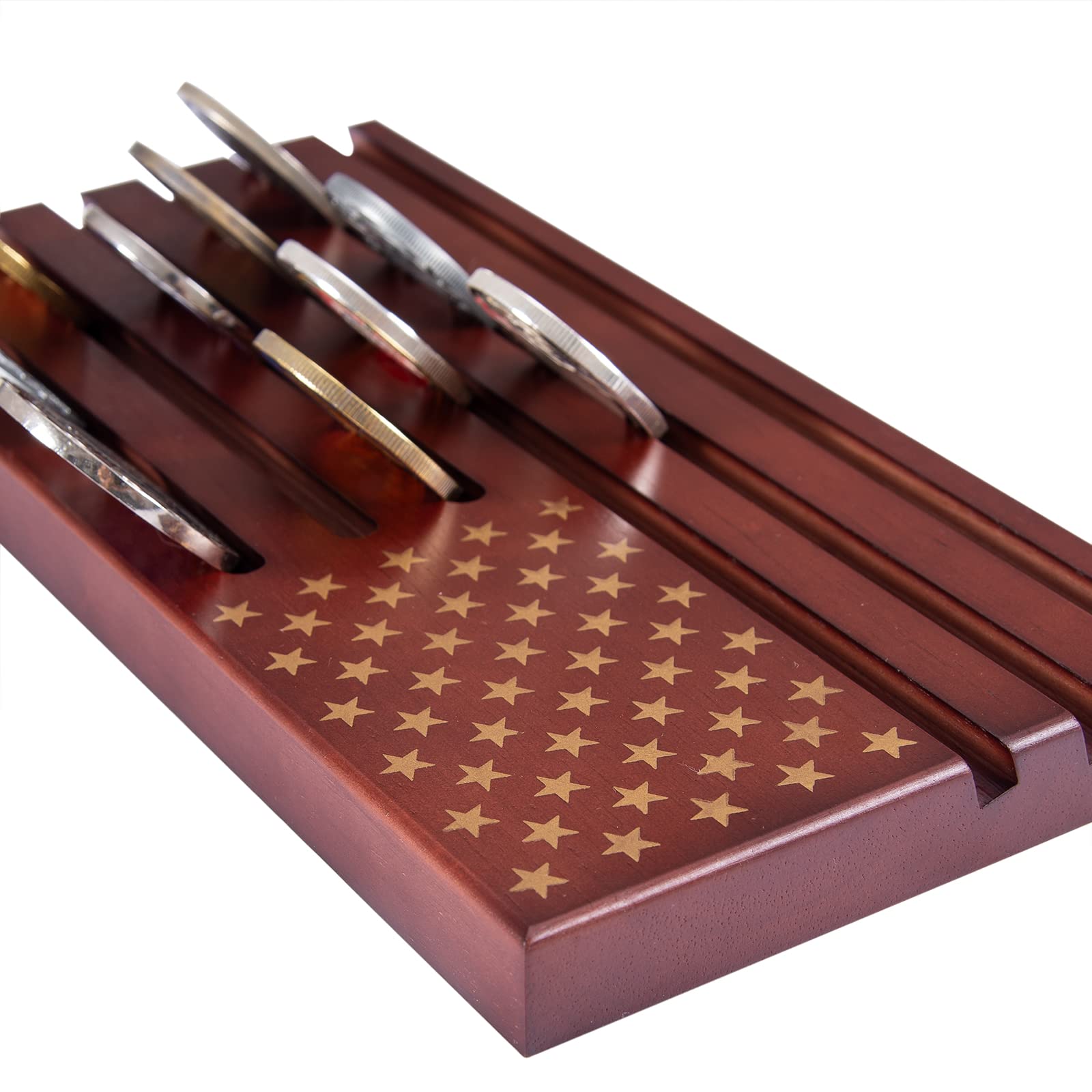 LIUYALO Military Challenge Coins Display Holder,Challenge Coins Stand with American Flag,Army Collectors 6 Rows Military Coin Display Case Rack Solid Wood
