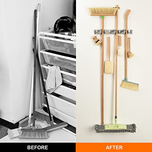 windson Mop Broom Holder Wall Mount-Adjustable Mop Broom Closet Organizer Racks for Kitchen, Garage, Home Tools Storage(3 Slots with 4 Hooks)