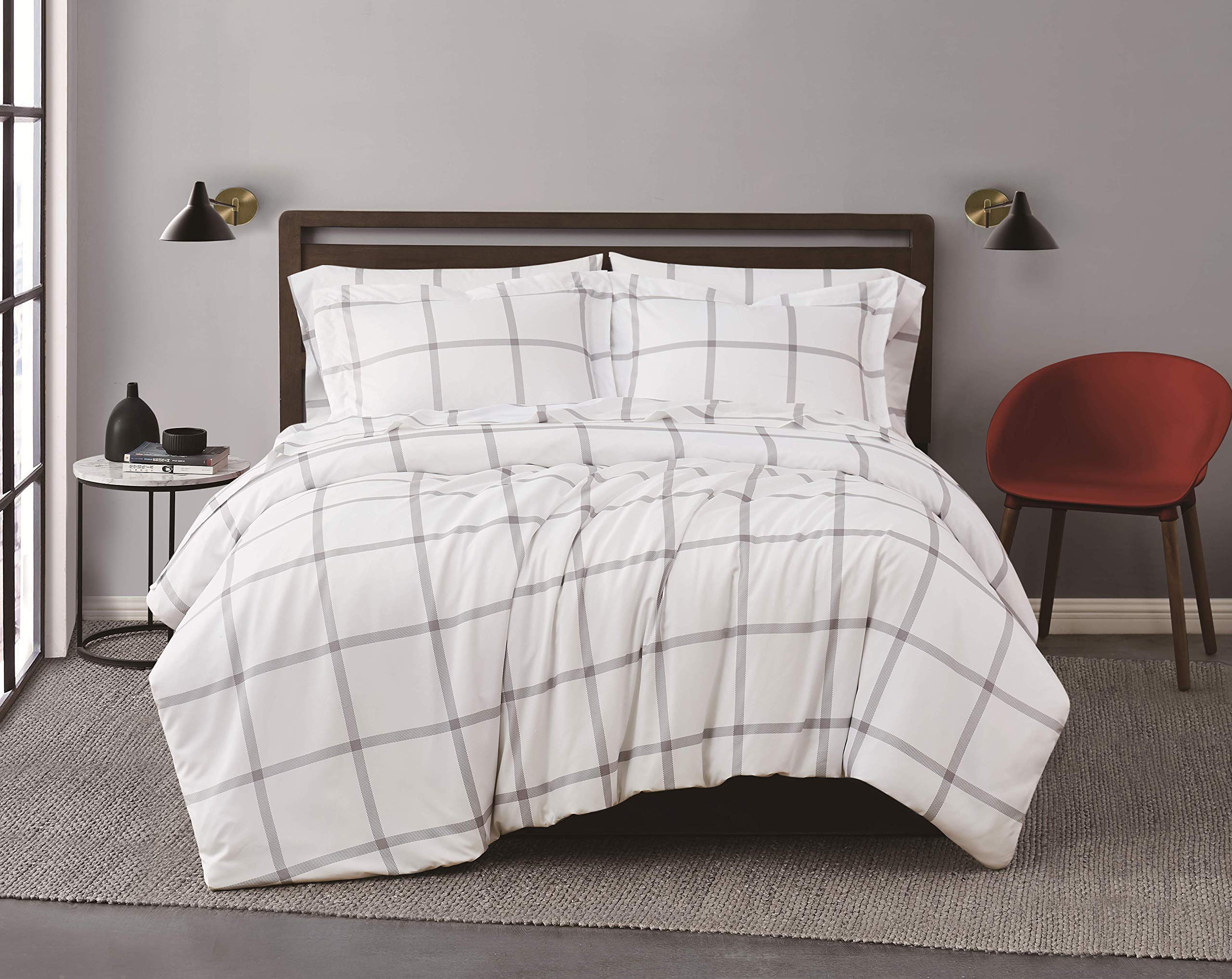 Truly Soft Everyday King 3-Piece Microfiber Duvet Cover + Sham Set - Printed Windowpane Collection - White/Grey