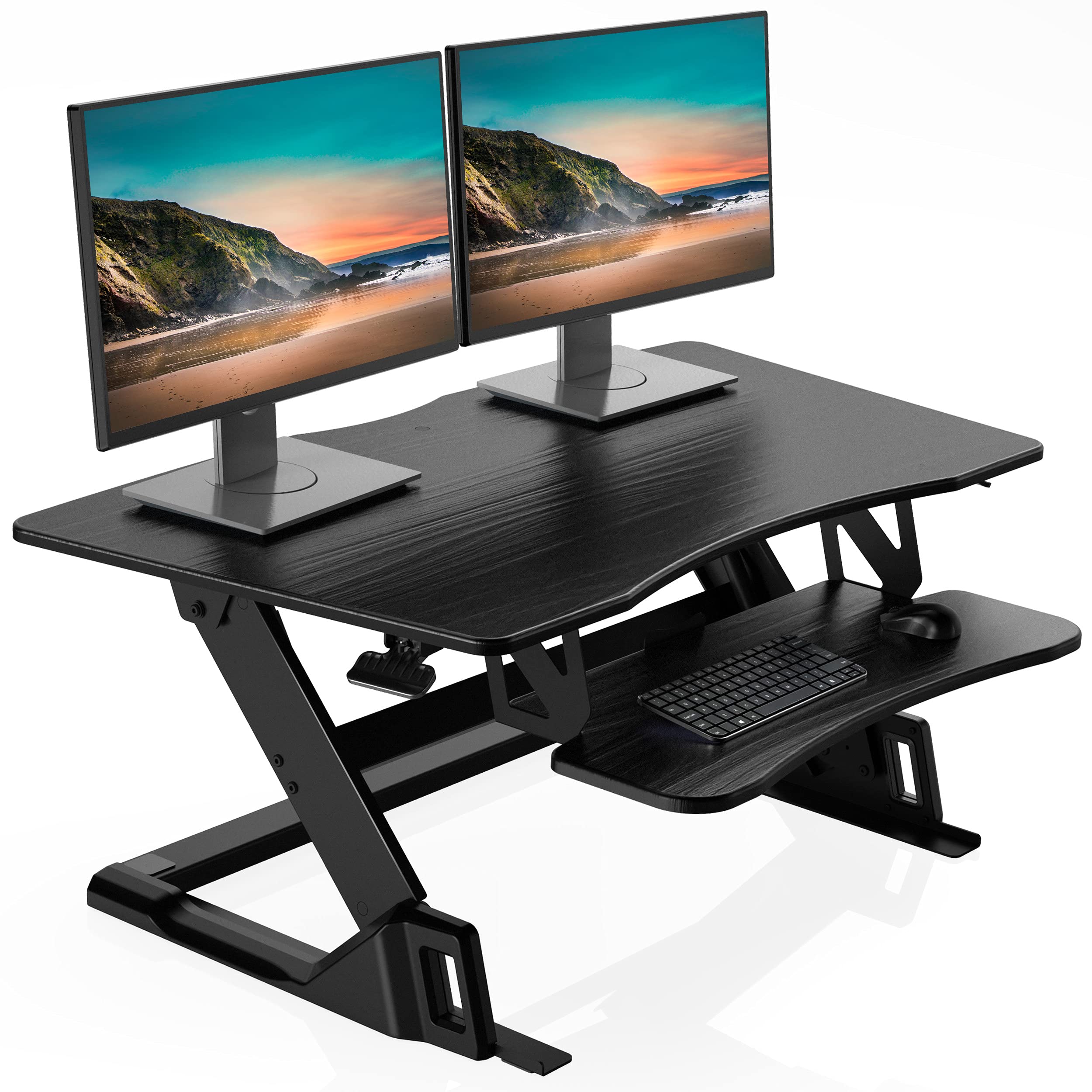 FITUEYES Height Adjustable Standing Desk Converter Sit to Stand Dual Gas Spring Riser Converter 42" Wide Tabletop Workstation fits Dual Monitor