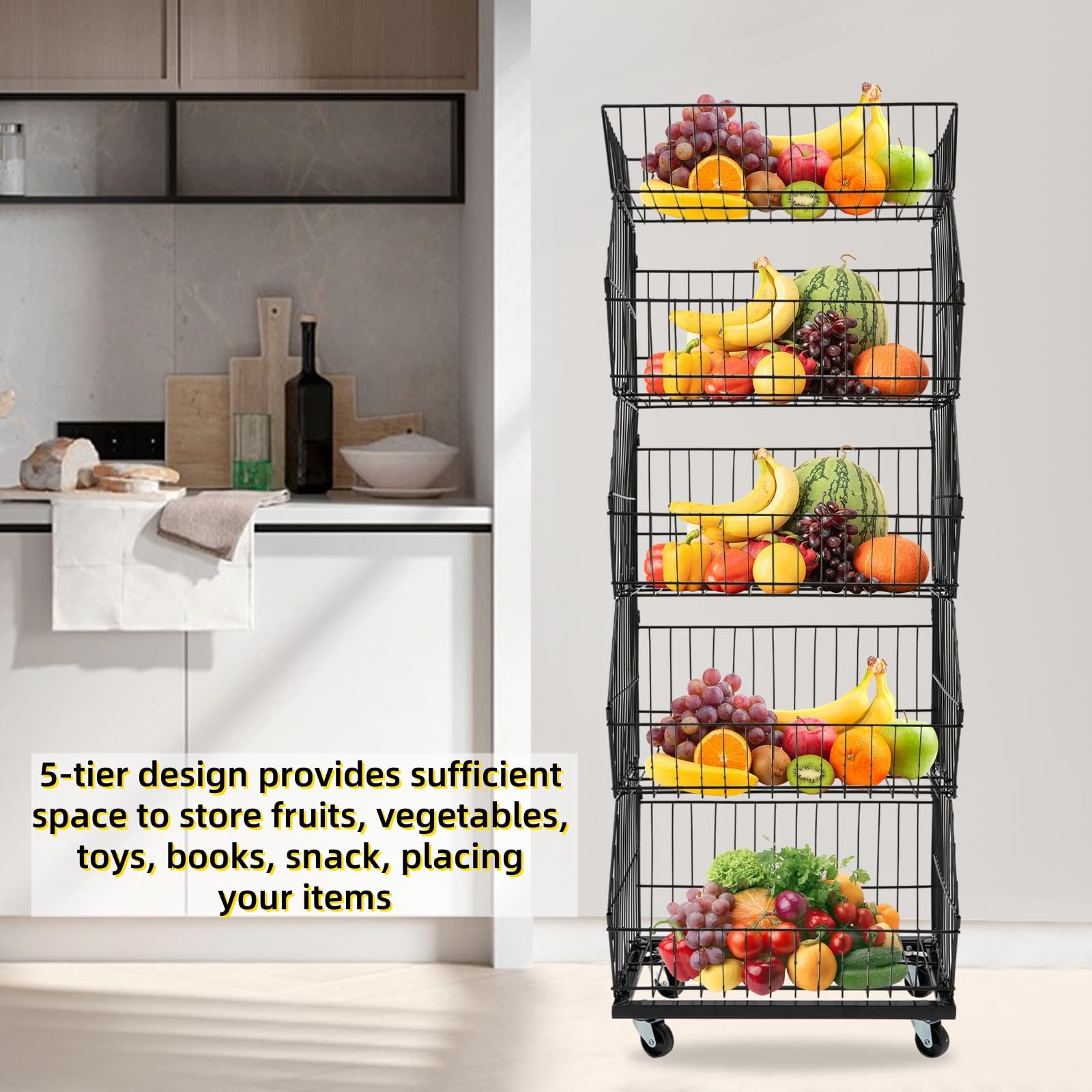 Lemoeyes 5-Shelf Shelving Unit, Wire Shelving with Wheels Market Retail Display Rack, 35.4" Wx17.7 Dx55 H Fruit Vegetable Snack Basket for Kitchen Garage Pantry, 44lbs Capacity Per Tier