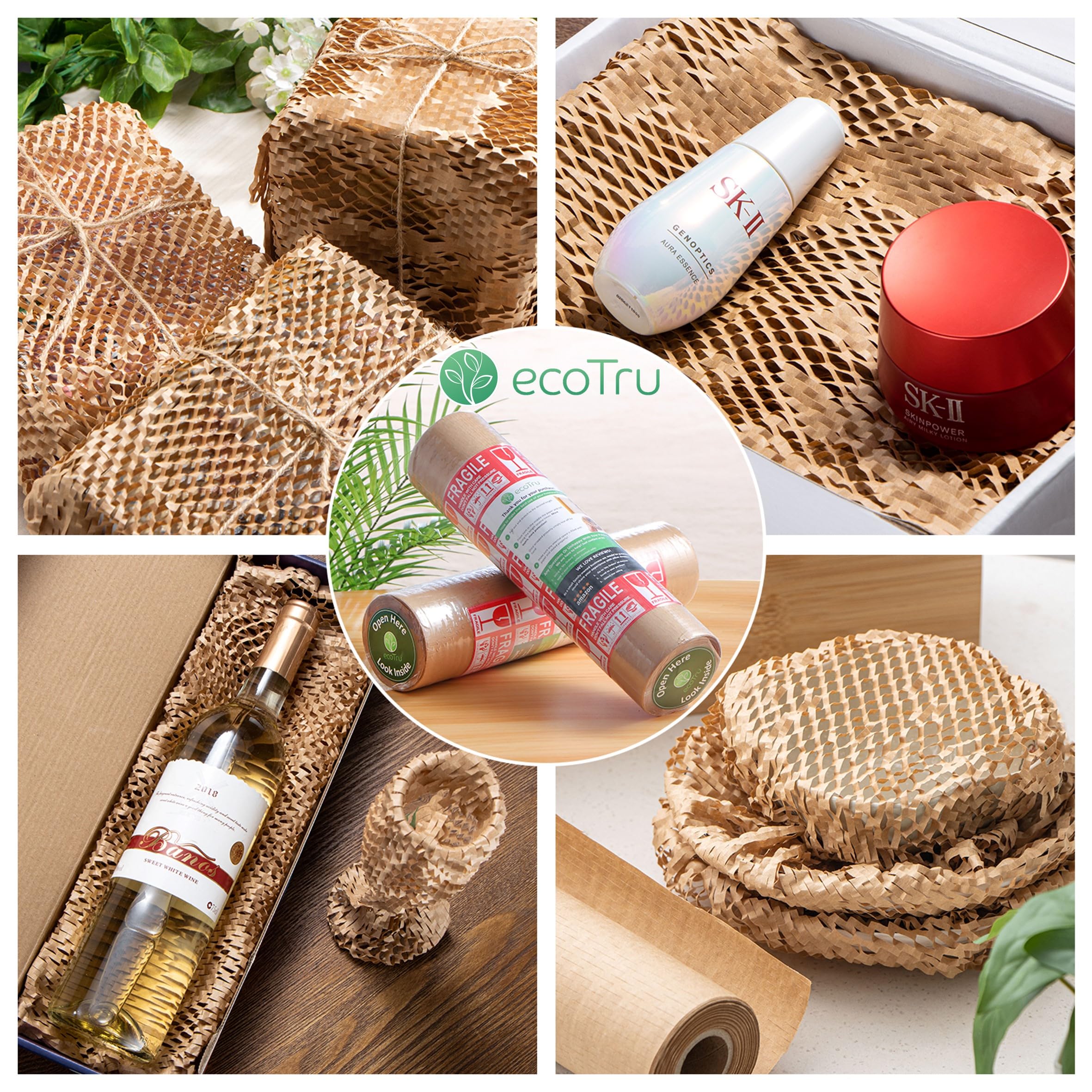 ecoTru Honeycomb Packing Paper 15" x 66', Eco Friendly Protective Wrap for Fragile Items, Recyclable & Biodegradable Shipping Supplies for Small Business, Wrap for Moving Essentials with 20 Sticker