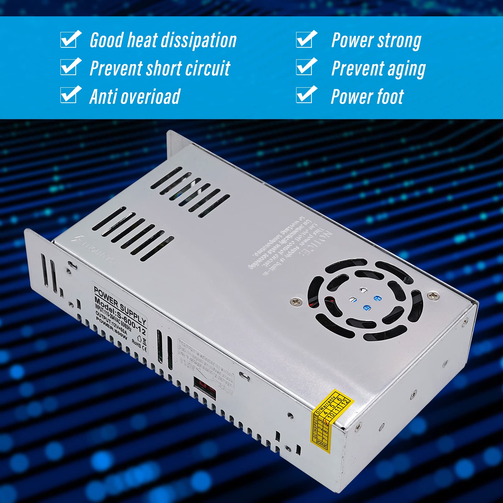 KHEARPSL Universal Regulated Switching Power Supply 110V/220V AC to DC Adapter Driver for CCTV Camera 3D Printer Computer Project (12V 50A 600W)