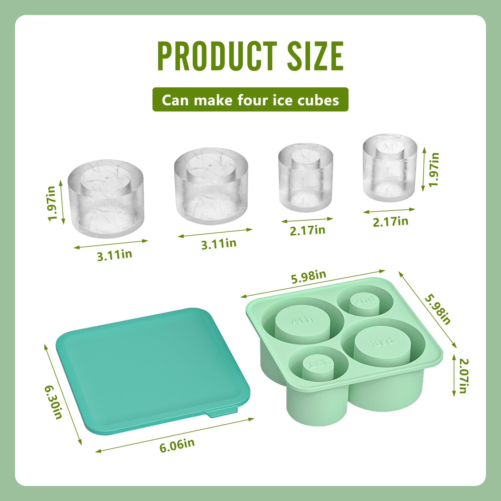 Ice Cube Trays with Lids for Stanley Cup,4Pcs Cylinder Silicone Ice Cube Trays for Freezer,Ice Mold with Lid and Bin for Freezer, Ice Drink, Juice, Whiskey, Cocktail, 20Oz, 30Oz, 40Oz(Green)