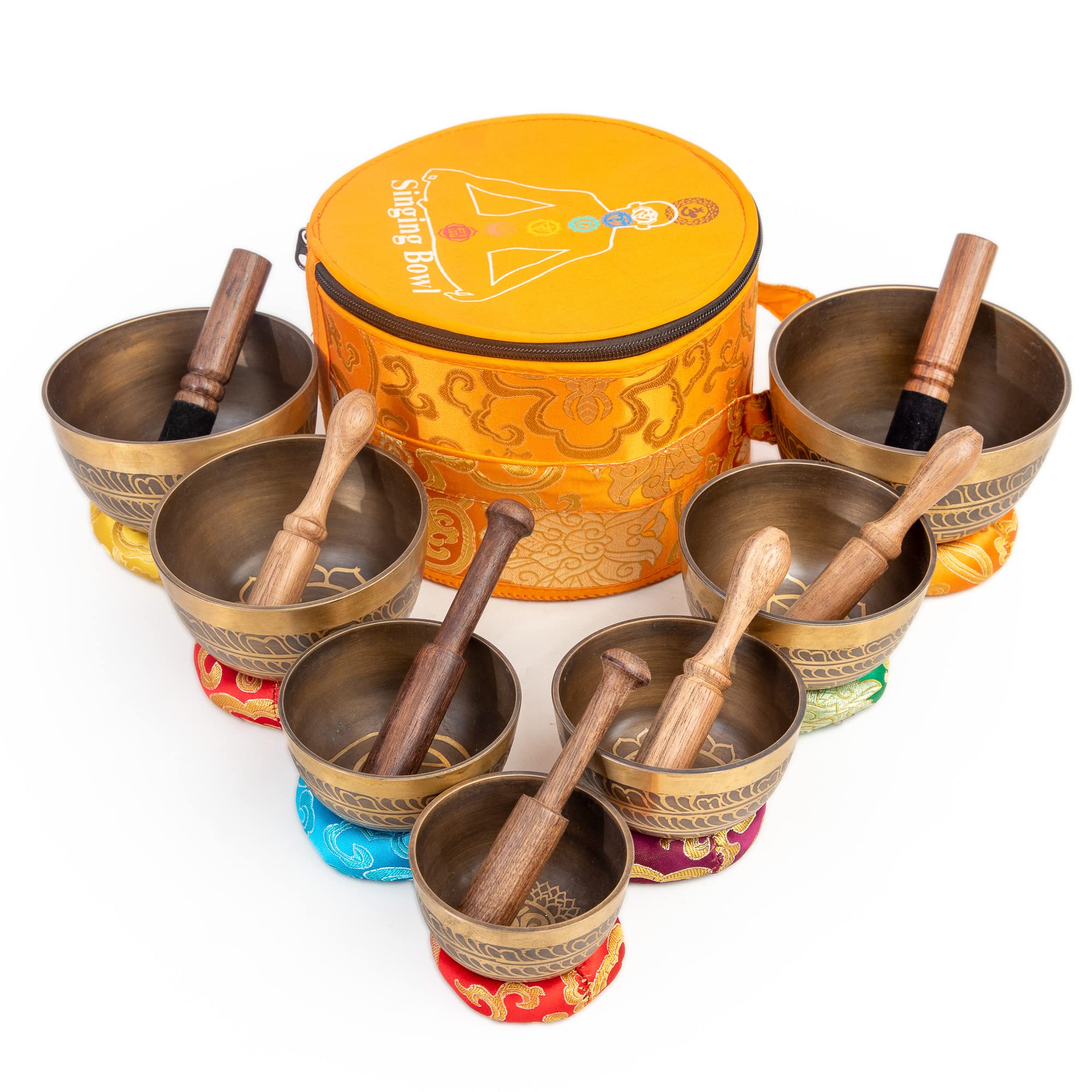 Himalayan Bazaar Tibetan Singing Bowls Set Of 7 Bronze for Meditation Mindfulness with Carry Box