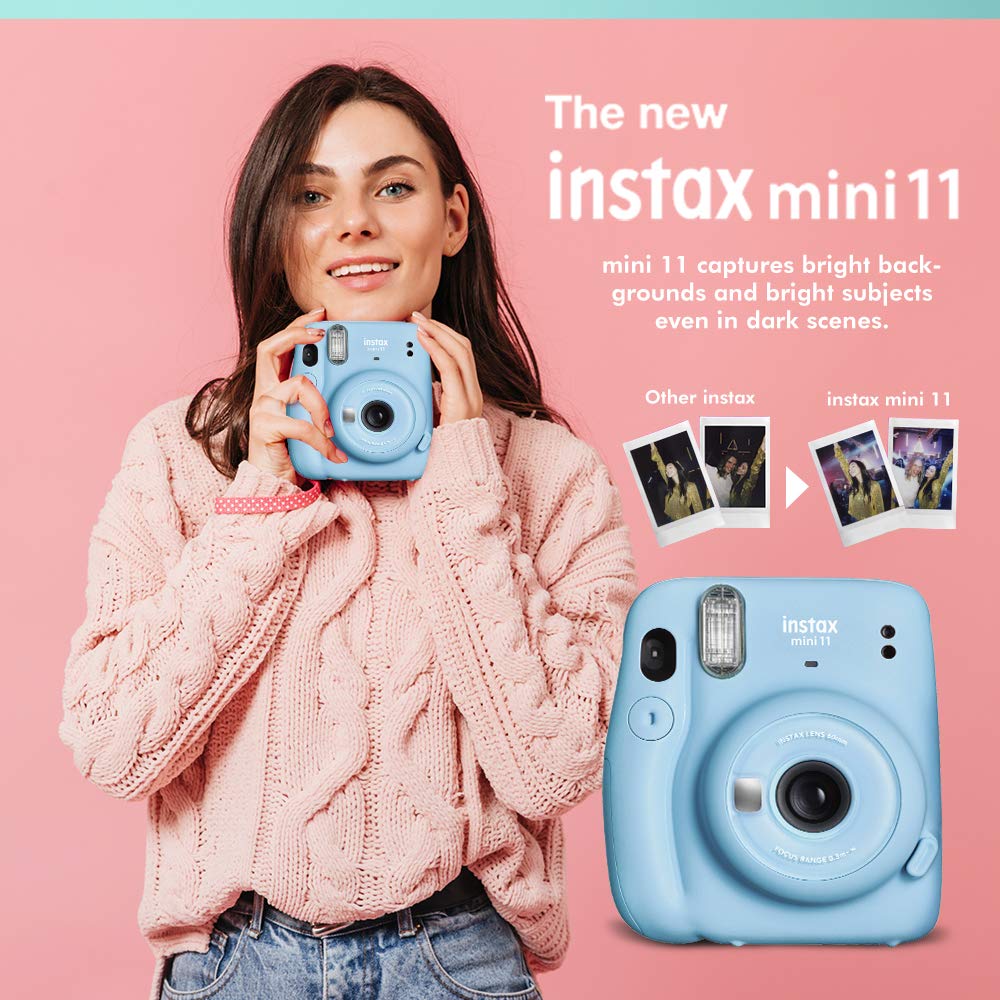 FUJIFILM INSTAX Mini 11 Instant Film Camera (Sky Blue) + Fujifilm Instax Mini Twin Film (20 Exposures), Camera Carrying Case, Xpix Camera Strap & Funky Film Frames