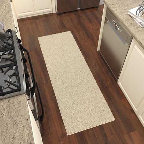 Ottomanson Indoor Solid Shag Design Rubber Back 2x6 Soft Pile Shag Runner Rug for Hallway, Entryway, Kitchen, Living Room, Bedroom, Bathroom, 2' x 6', Cream